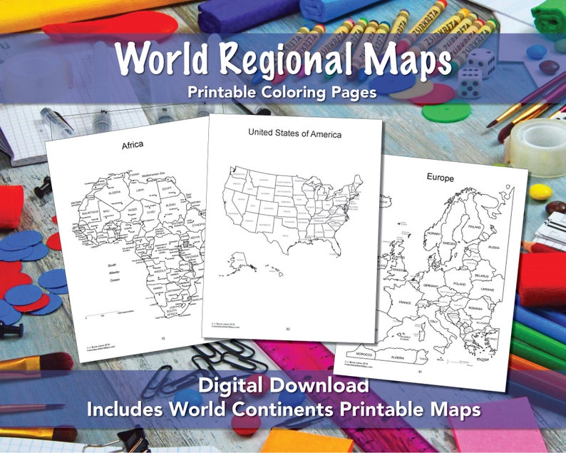 World Regional Maps: Printable Coloring Pages (PDF Download) - Etsy