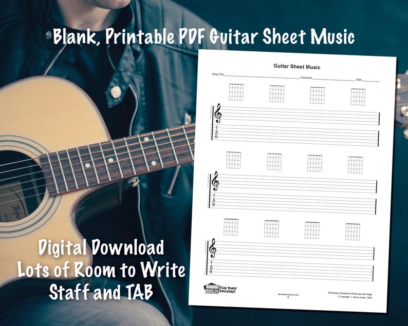 Blank, Printable PDF Sheet Music for Guitar, Mandolin, Ukulele and 4 ...