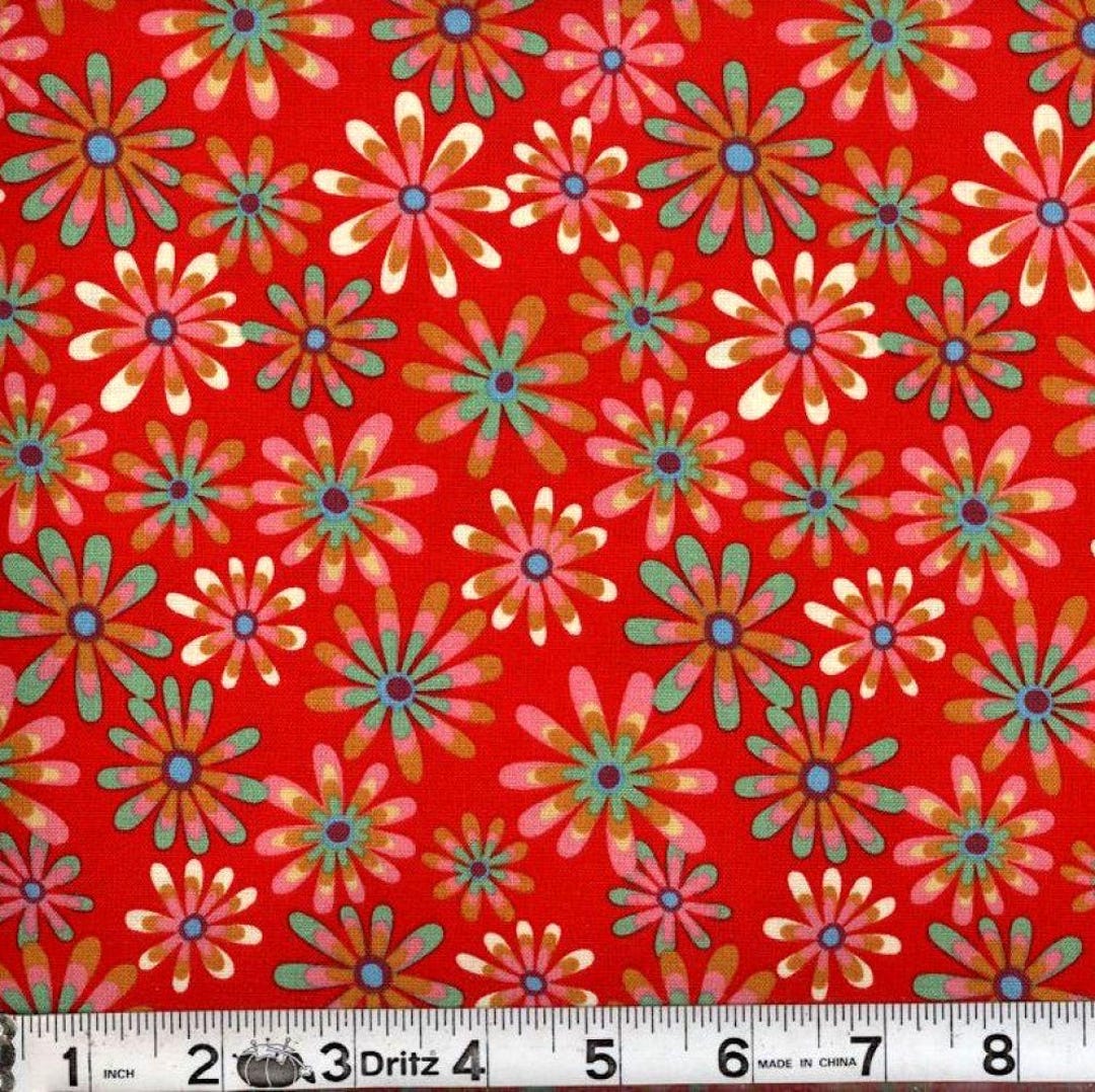 Dark Red Flower Power Cotton Fabric Premium Quilting by the Yard Cut ...