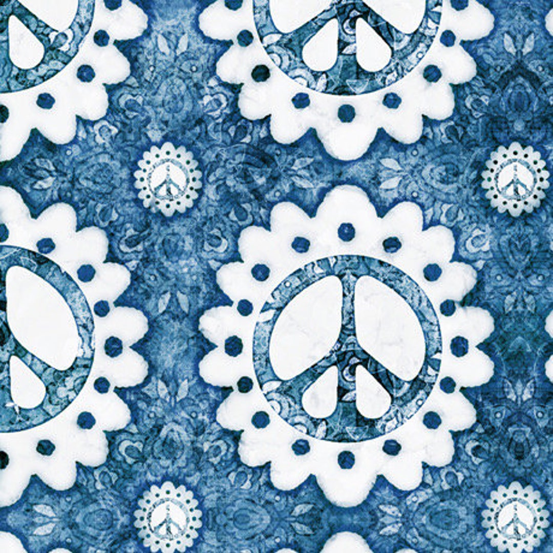 QT Fabrics Flower Child Peace Sign on Blue, Quilting Cotton Fabric by ...
