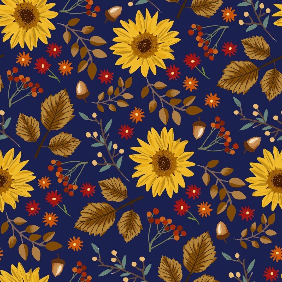 Fall Harvest With Blue Background Sunflower Floral Print Quilting ...