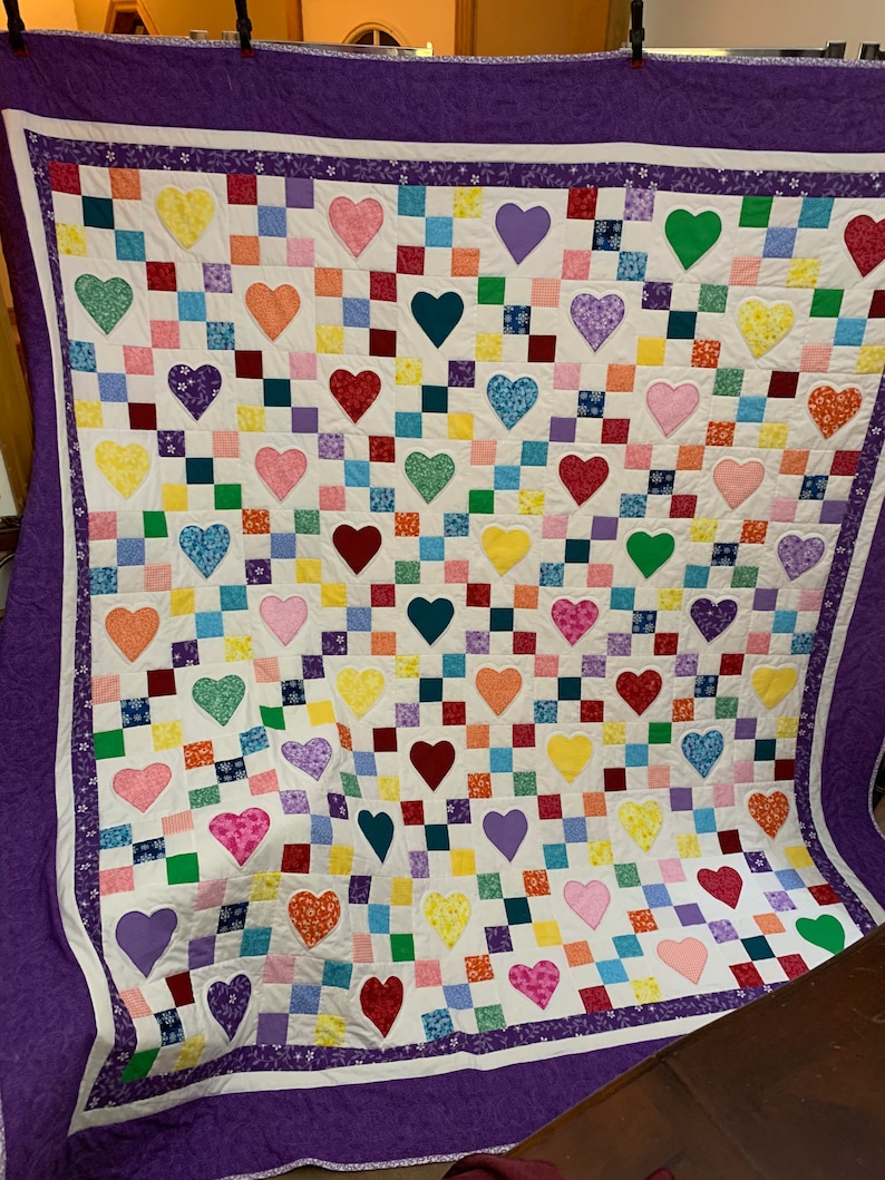 Heart and Nine Patch Queen Size Quilt - Etsy