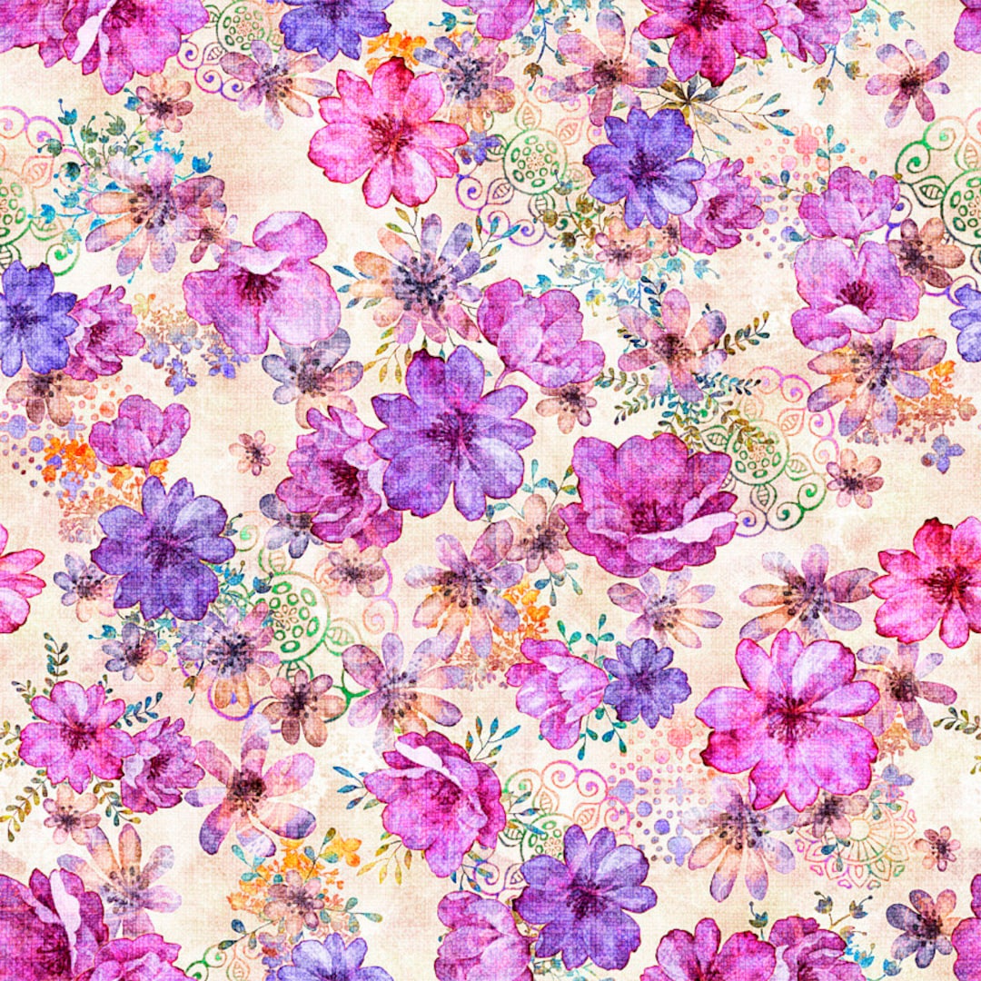 All A Flutter Floral Print in Violets With Cream Background by QT ...