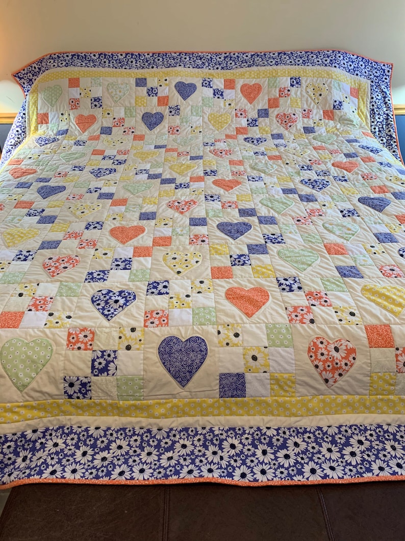 Heart and Nine Patch Quilt Throw Size - Etsy