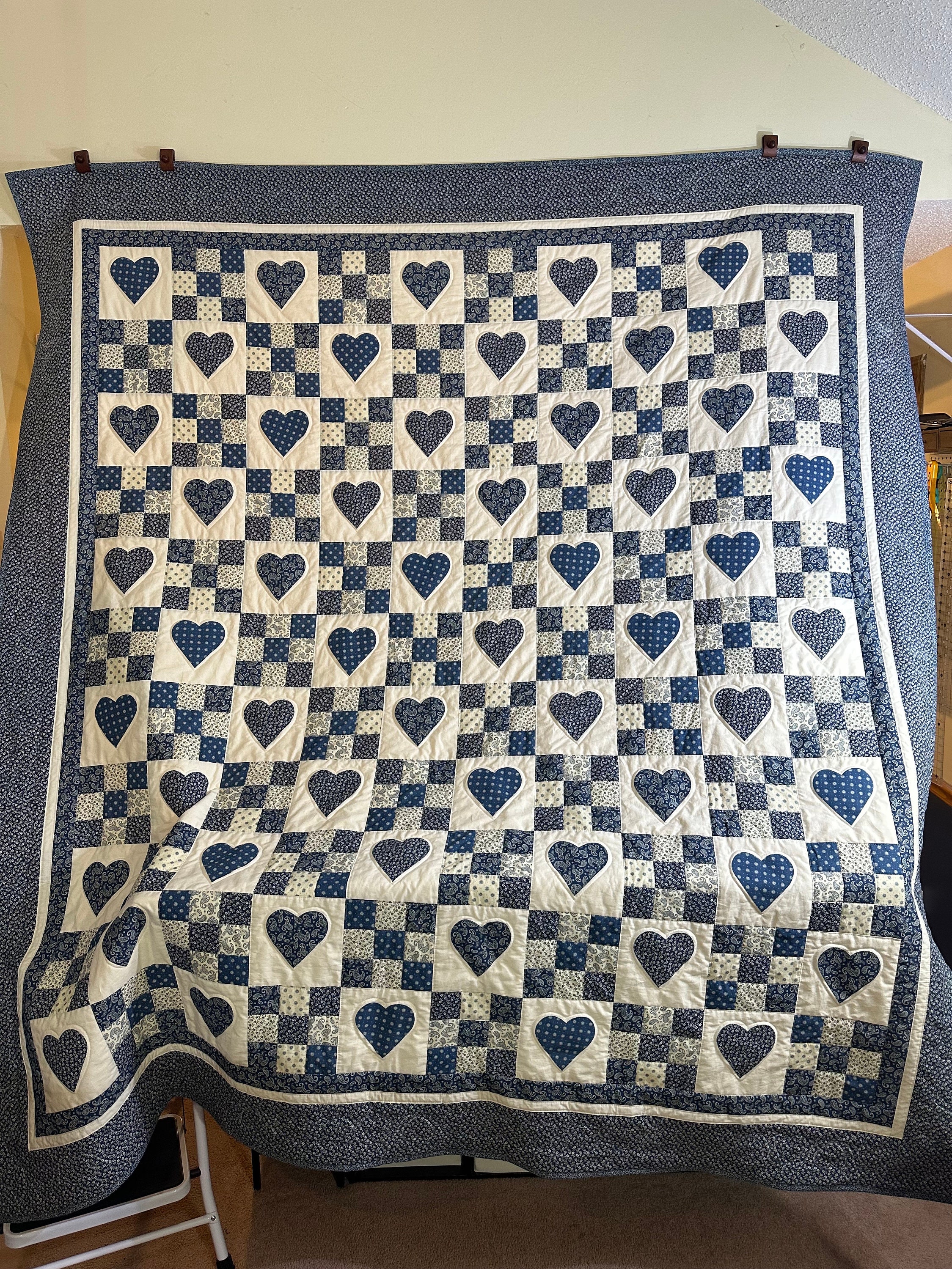 Blue and Cream Heart and Nine Patch Queen Size Quilt - Etsy