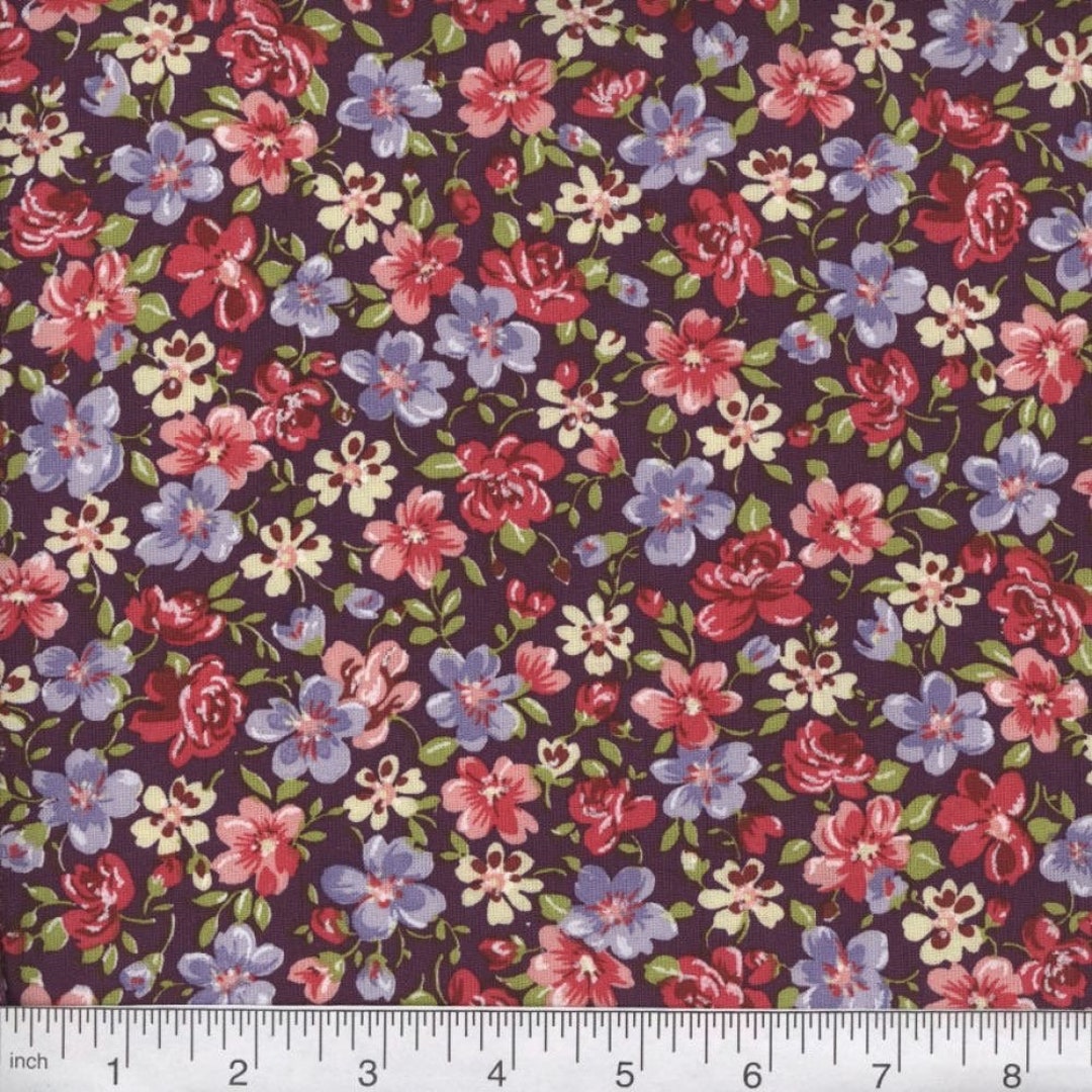 Burgundy and Purple Flowers Calico Country Florals Quilting Cotton ...