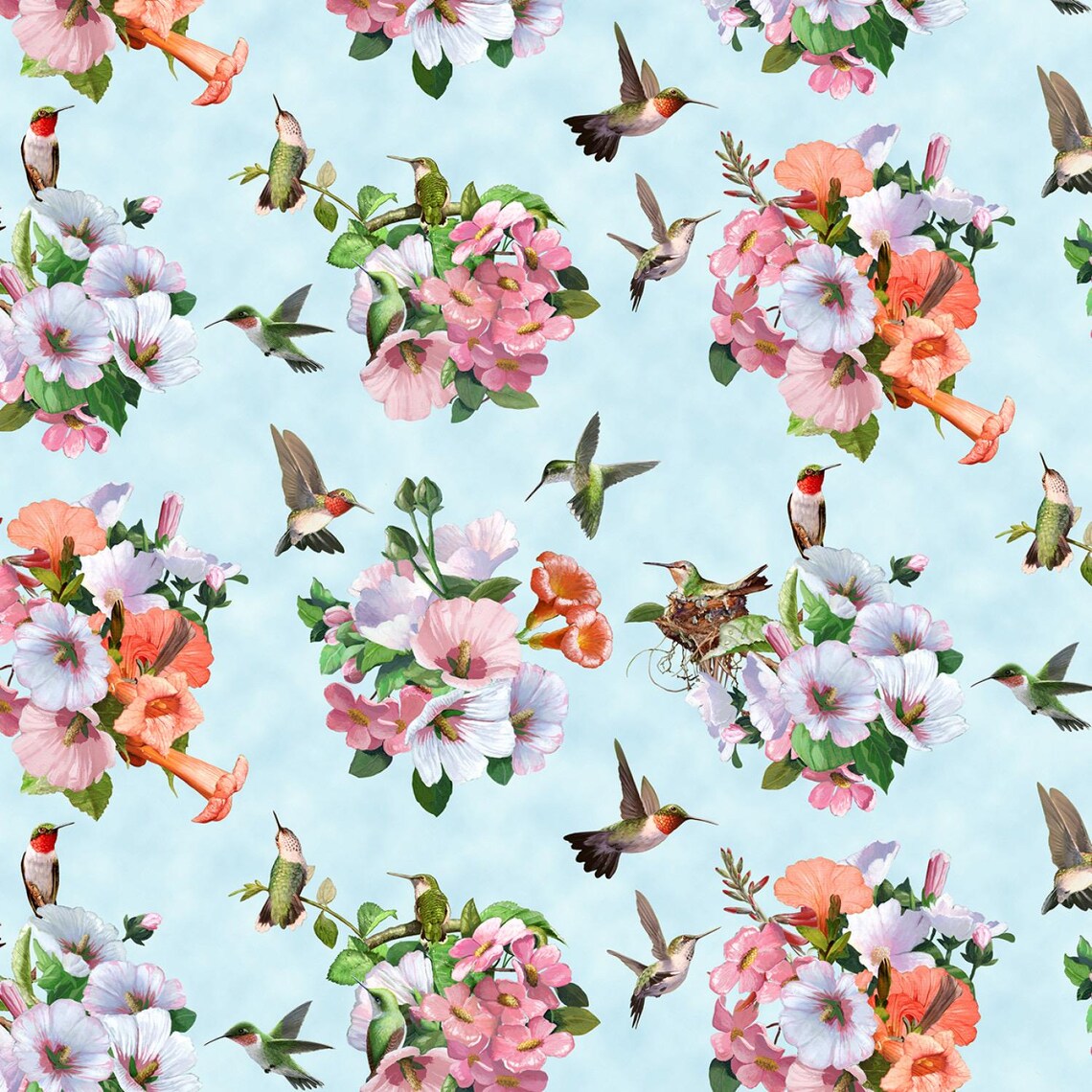 Hummingbirds Dating Game Azure Background by Elizabeth Studio Fabrics ...