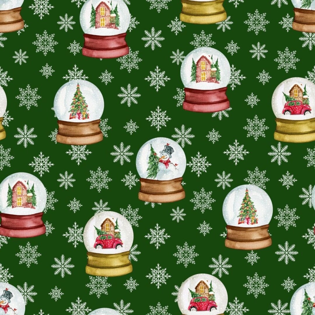 Holiday Snow Globes With Green Background and White Snowflakes Cotton ...
