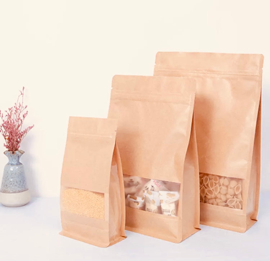 Bolsas de papel Kraft con ventana, grado alimenticio, grano, café, té ...