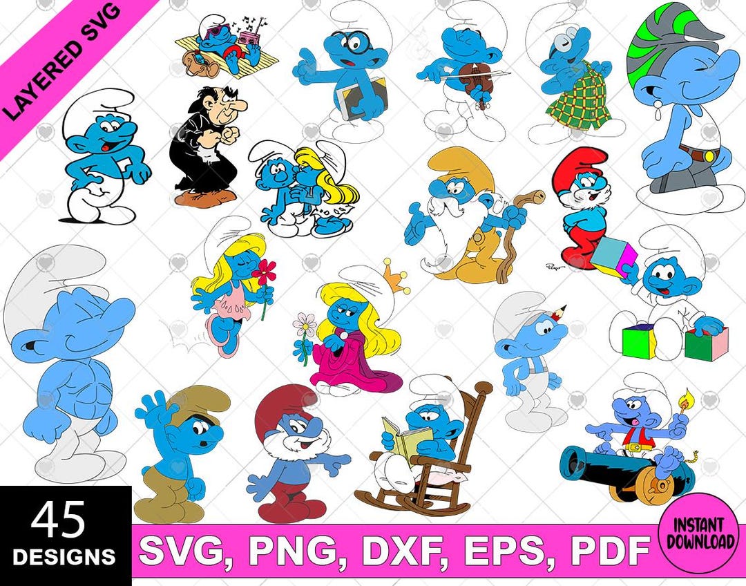 Smurfs SVG PNG DXF Bundle | Cute Smurf Characters Clipart | Digital ...