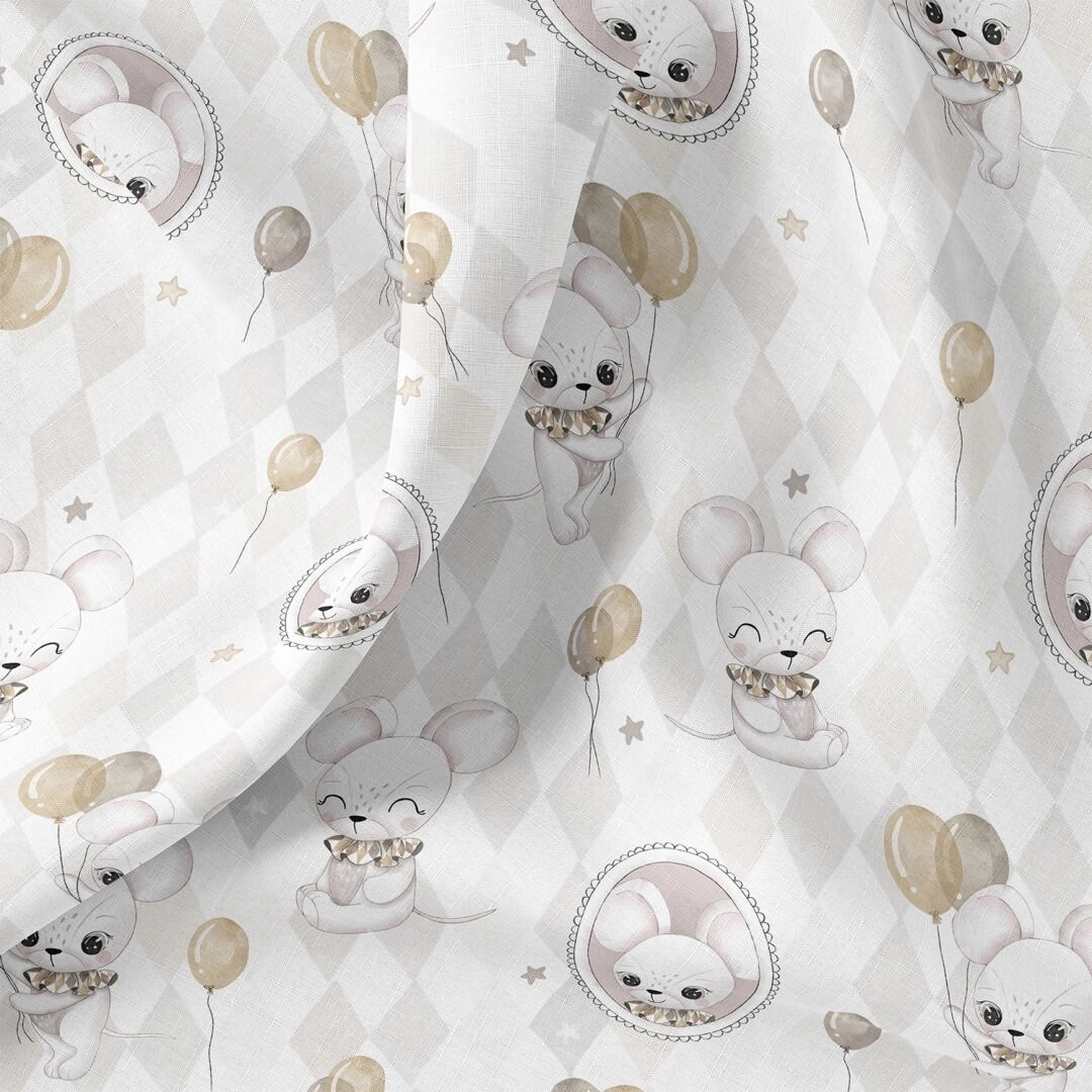 Mice and Balloons Cotton Fabric, Mouse Nursery Fabric, Premium Textile ...