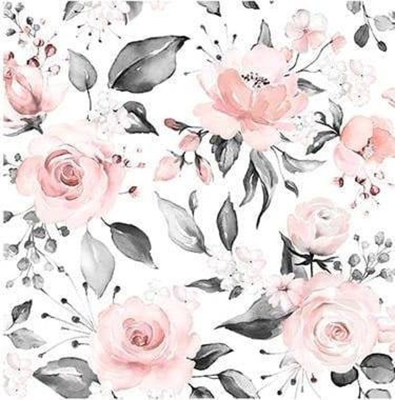 Roses and Gray Leaves Pink and Gray Cotton Fabric Floral | Etsy