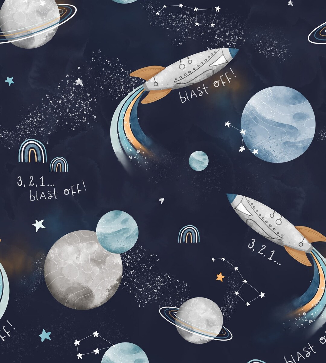 Space Rocket Cotton Fabric, Rainbow Nursery Fabric, Premium Printed - Etsy