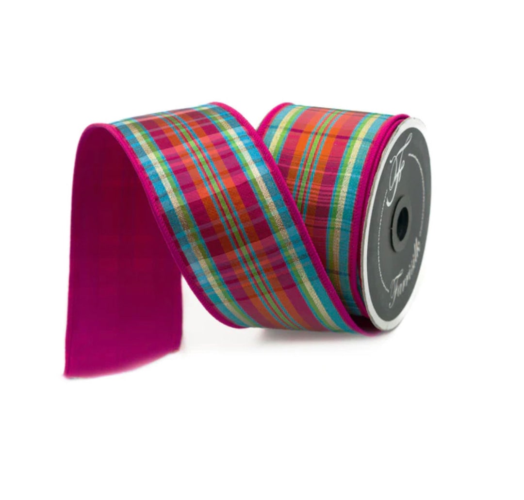 Carnival Whimsical Plaid Wired Ribbon With Gold Glitter Stripes, 2.5" X ...