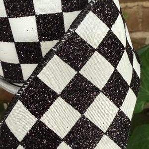 Black and White Glitter Check Wired Ribbon 2.5” X 10 Yds, Ribbon for ...