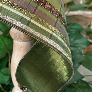 Olive Brown and Gold Glitter Stripe Wired Ribbon 4” X 10 Yards, Perfect ...