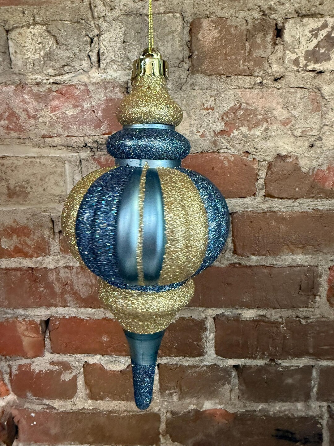 Ornament, Ice Blue, Smoke Blue, Gold Vertical Stripe Ball Finial W ...