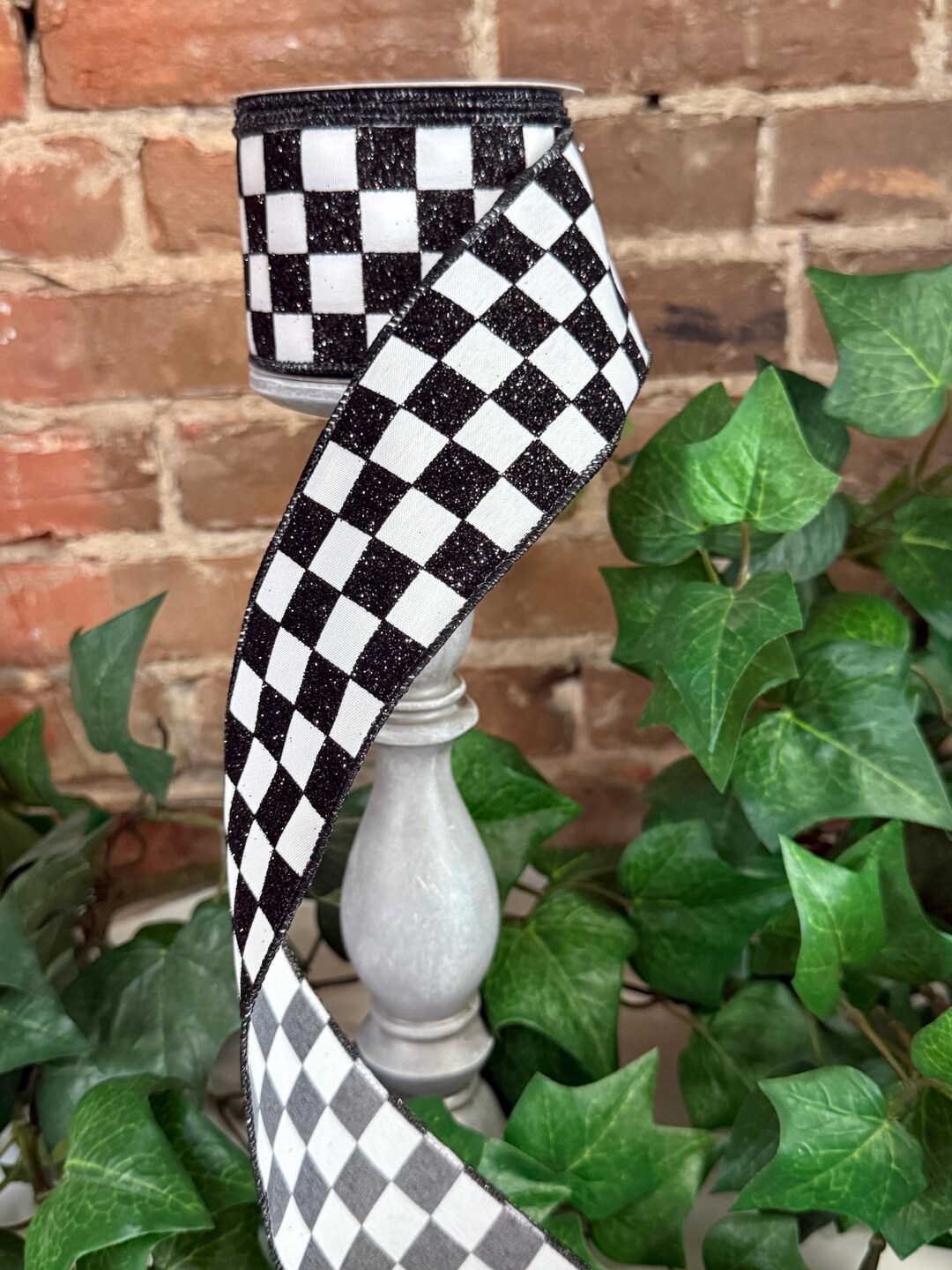 Black and White Glitter Check Wired Ribbon 2.5” X 10 Yds, Ribbon for ...