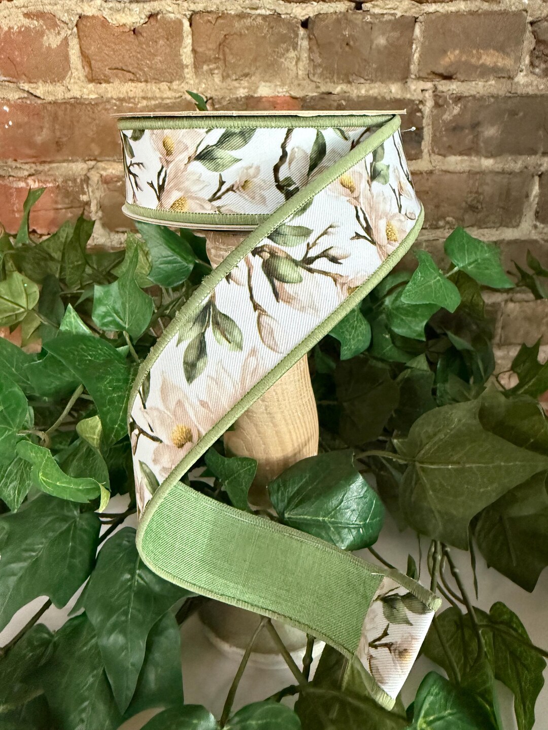 Magnolia Ribbon, Fused With Sage Green Backing 1.5” X 10 Yards Wired ...