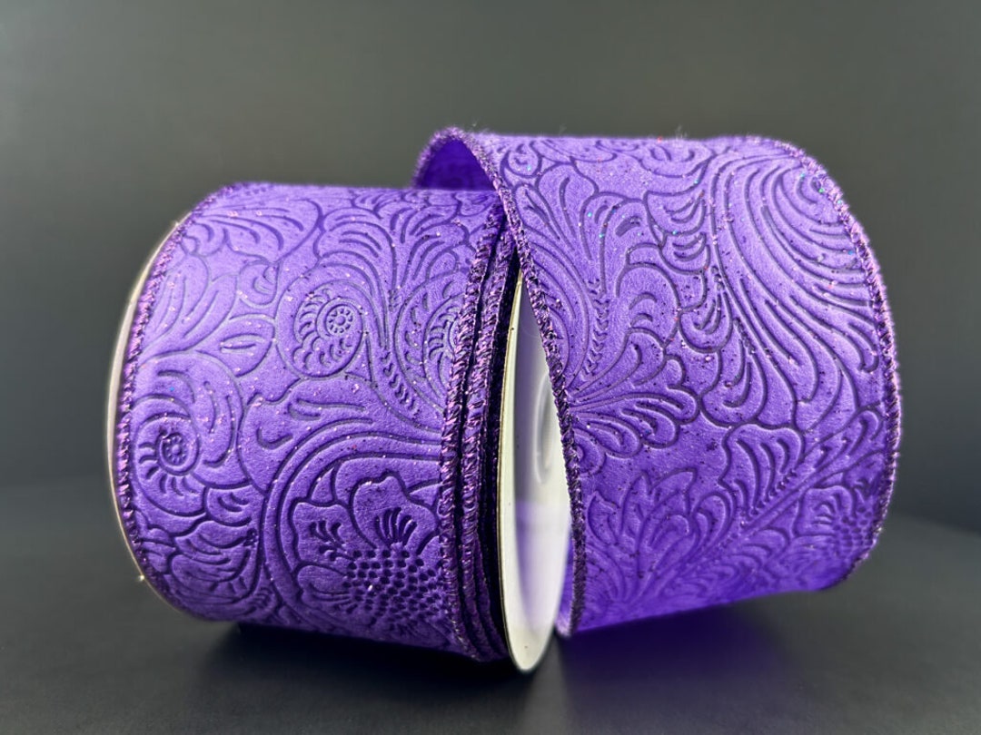 Embossed Ribbon, Purple Glittered Floral, 2.5” X 10 Yards, Jascotina ...