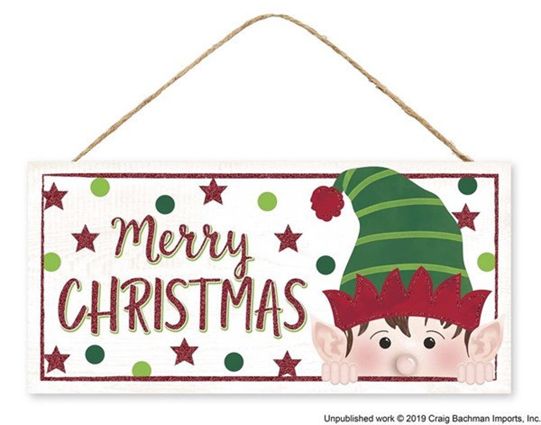 Merry Christmas Peeking Elf Sign 12.5"h X 6" W, MDF Signs, Wreaths ...