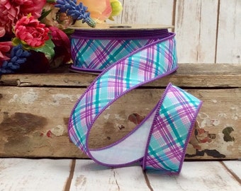 Hot Pink Yellow Lime and Turquoise Plaid Ribbon Fused With Purple 1.5 ...