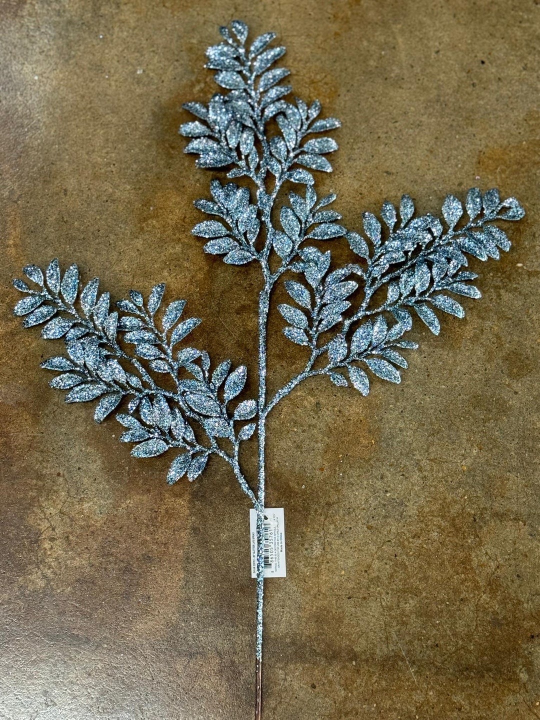 Smoke Blue Glitter Leaf Spray 26”, Christmas Tree Spray, Glitter Pick ...