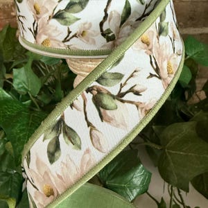 Magnolia Ribbon, Fused With Sage Green Backing 1.5” X 10 Yards Wired ...