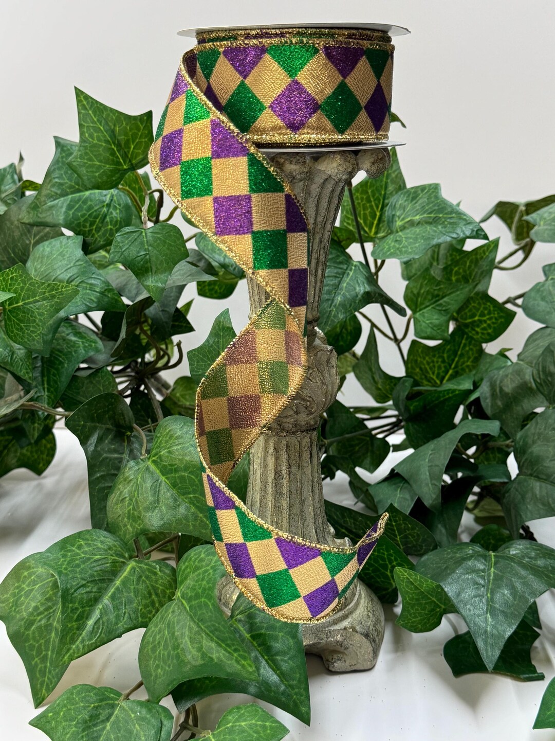 Mardi Gras Glitter Diamond Check Wired Ribbon 1.5 X 10 Yards, Ribbon ...