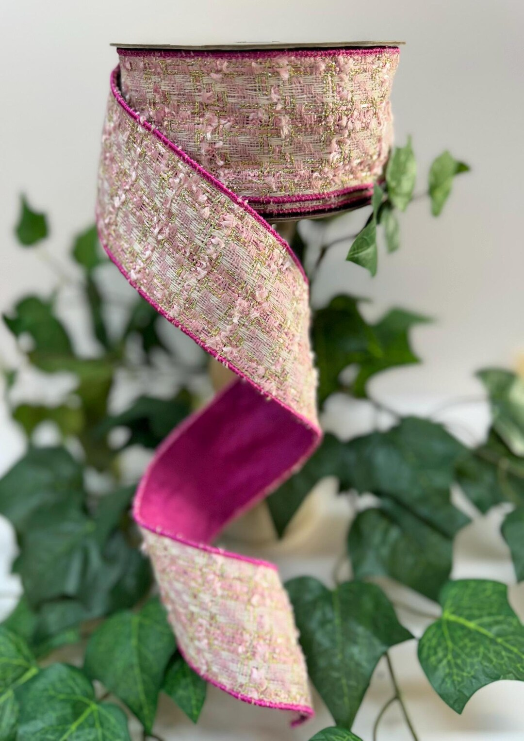 Pink White Gold Tweed Ribbon 2.5 X 10 Yards, D. Stevens Premium Ribbon ...