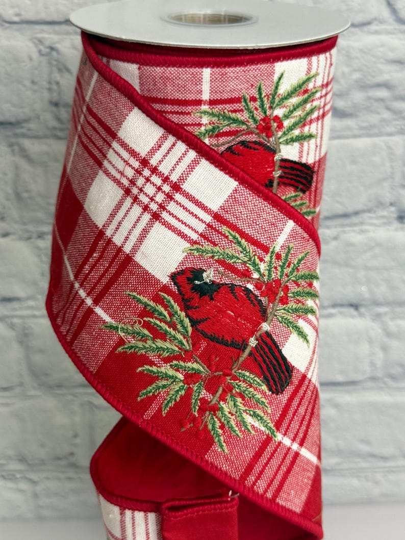 Cardinal and Holly Berry Ribbon 4” X 5yards, Embroidered Plaid Taffeta ...