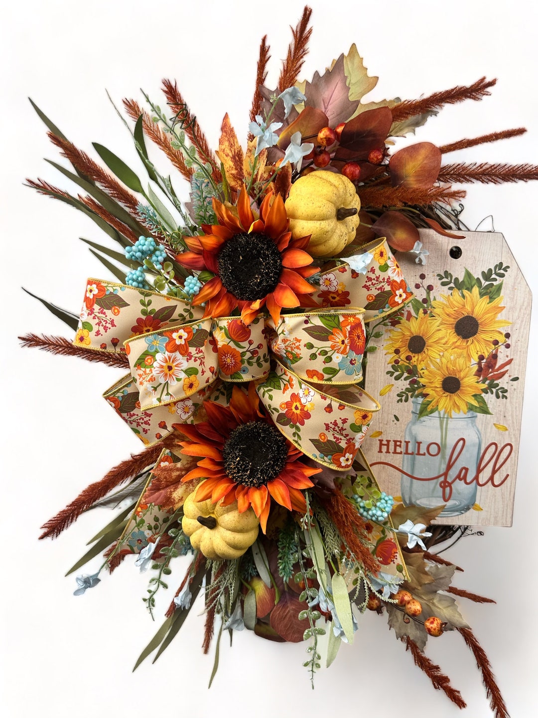Hello Fall Wreath, Fall Front Door Décor, Sunflower and Pumpkins Wreath ...