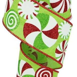Lime Red and White Peppermint Ribbon W/ Red Drift 2.5" X 10 Yards Wired ...