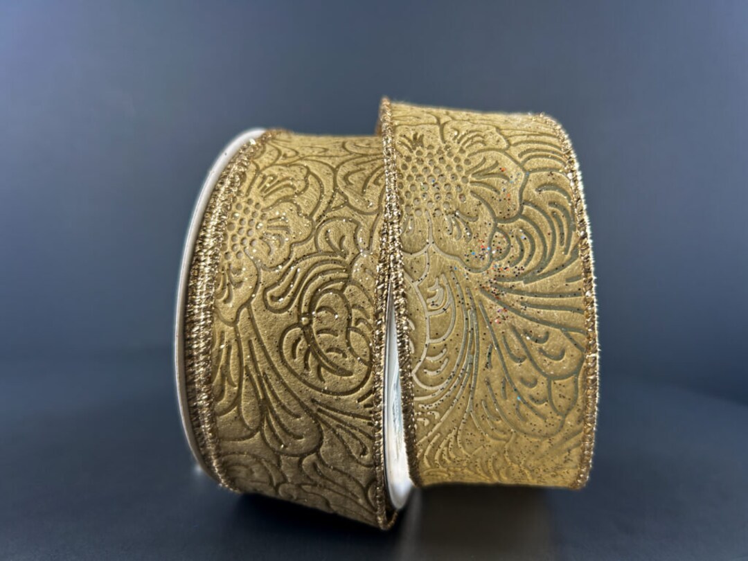 Embossed Ribbon, Gold Glittered Floral, Fall Ribbon, 1.5” X 10 Yards ...