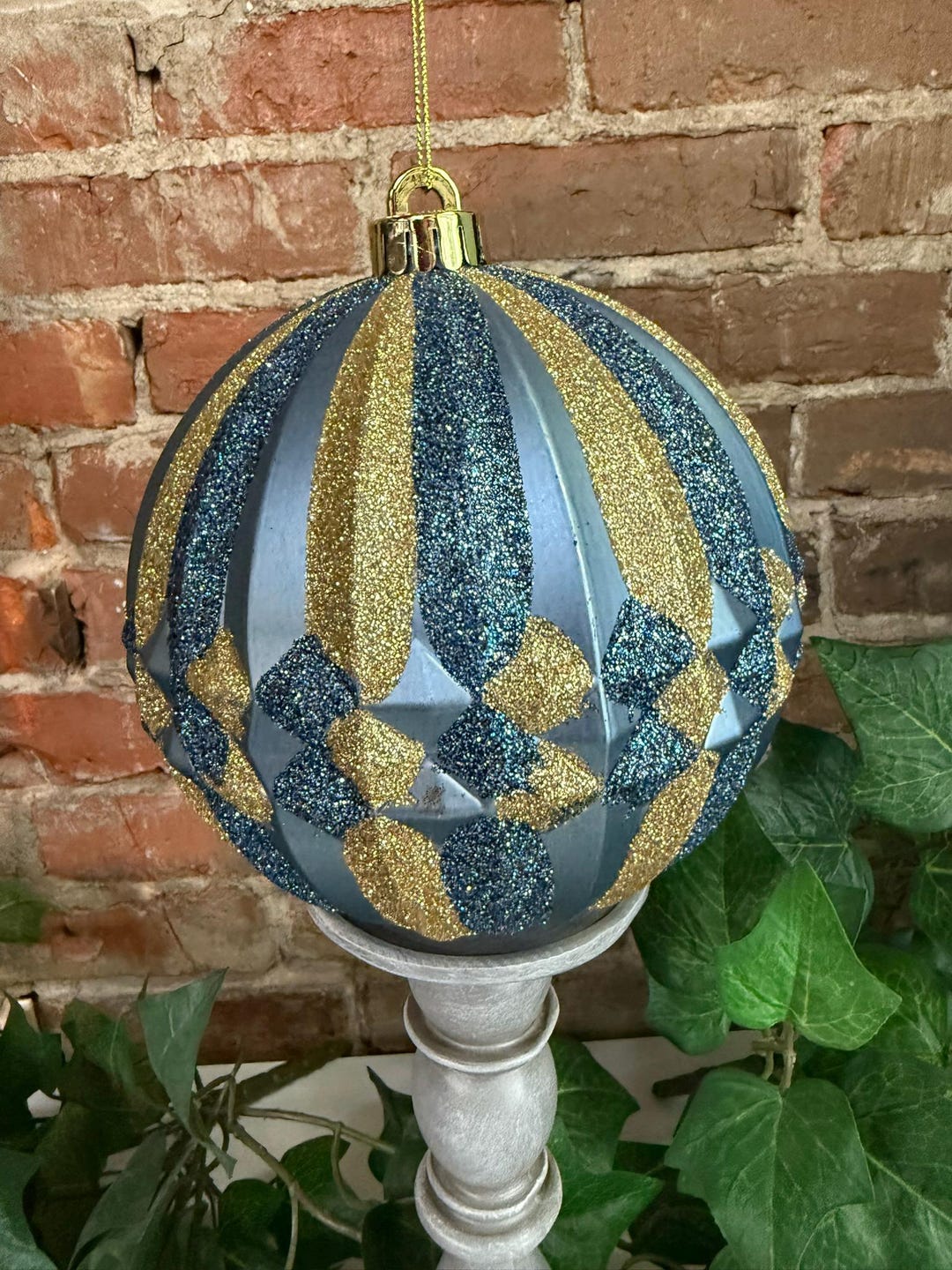 Ornament, Ice Blue, Smoke Blue, Gold Vertical Stripe Diamond Ball W ...