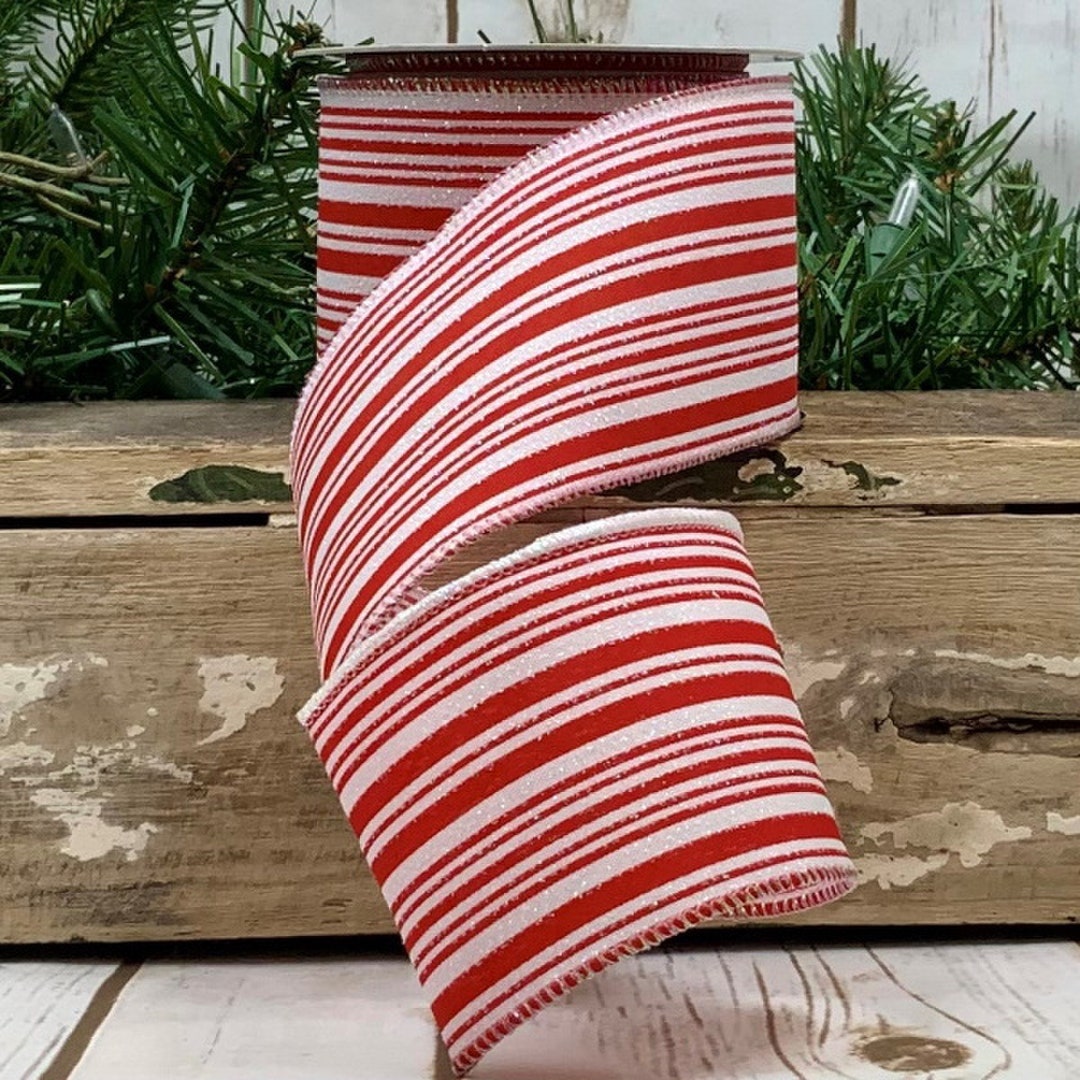 Linen Red and White Glitter Stripe Wired Ribbon, 2.5" X 10 Yards D ...