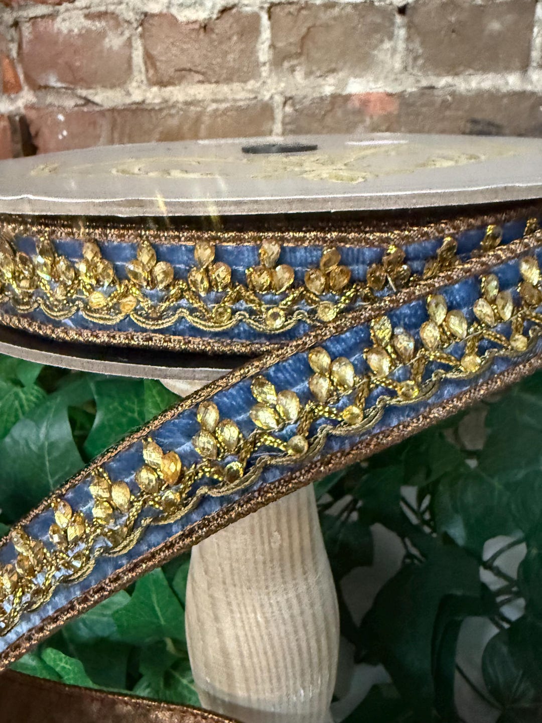 Dusty Blue Velvet Ribbon With Gold Scallop Jewel Trim, 1" X 10 Yd. D ...