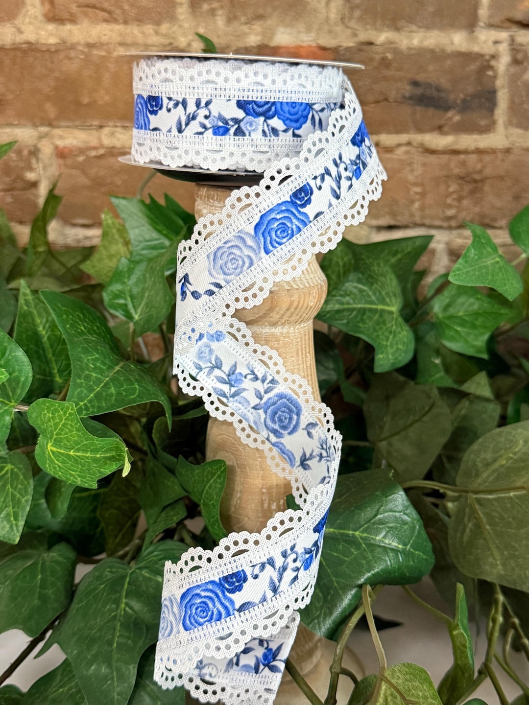 Blue Mini Roses White Lace Edge Ribbon, 1.5" X 10yd | Easter, Spring ...