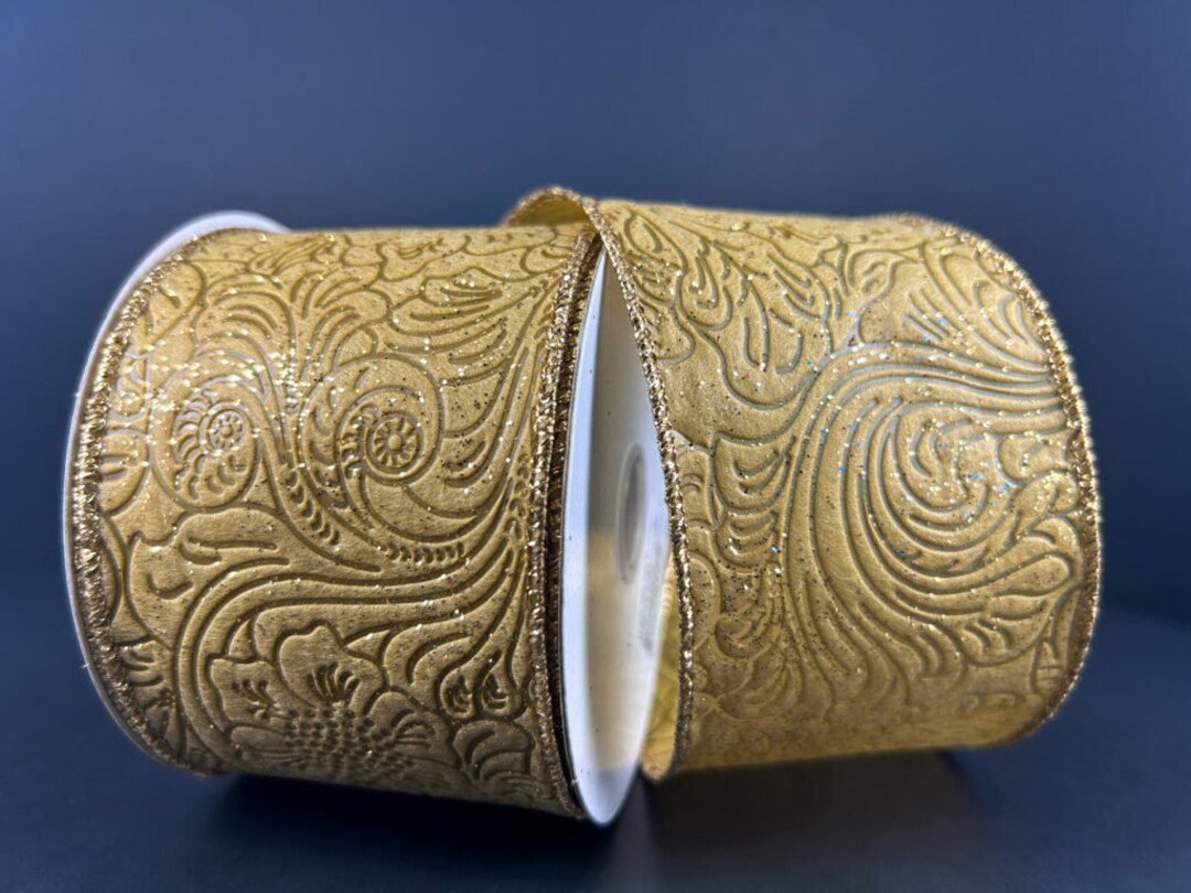 Embossed Ribbon, Gold Glittered Floral, Fall Ribbon, 2.5” X 10 Yards ...