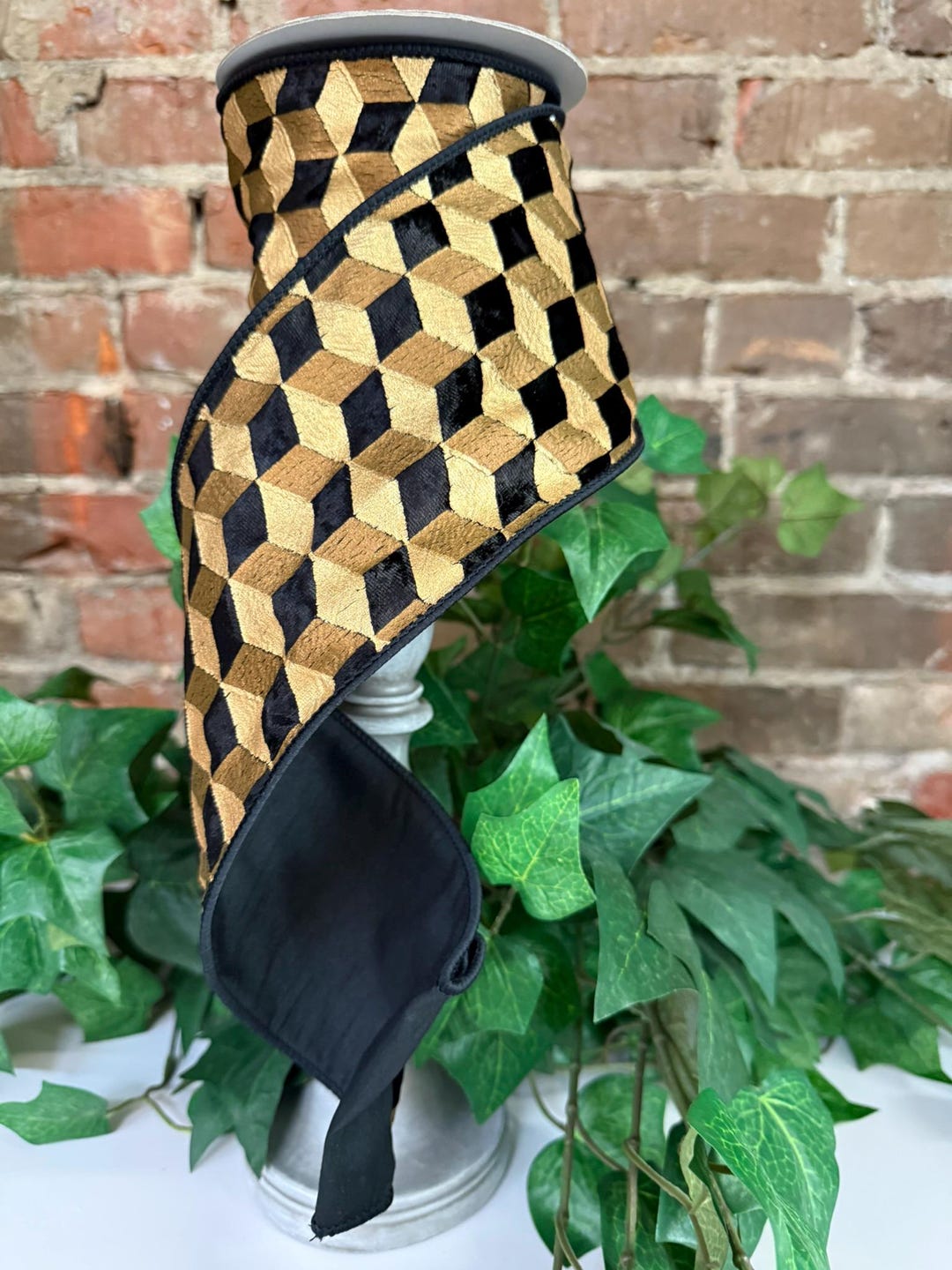 Black and Gold Cube Wired Ribbon 4” X 5yds, Nancy Brown Home Luxury ...