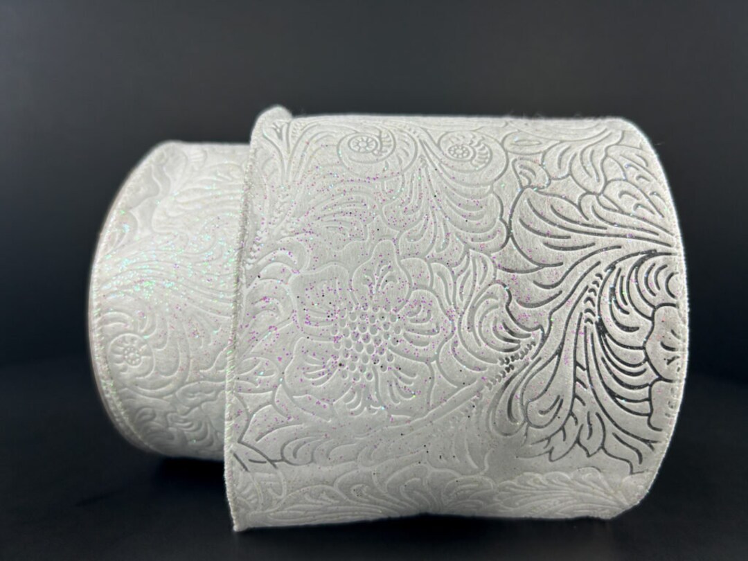 Embossed Ribbon, Glittered White Spring Floral, 4” X 10 Yards ...