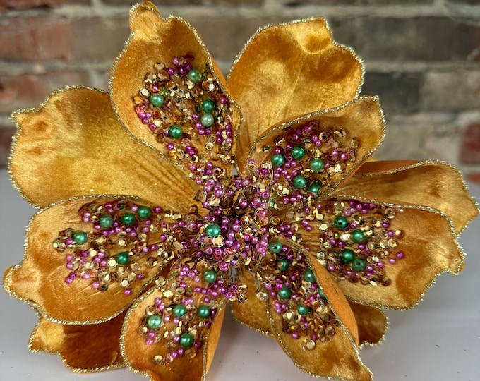 Mardi Gras Gold Beaded Magnolia 18" X 7.5"dia, Mardi Gras for Wreaths ...