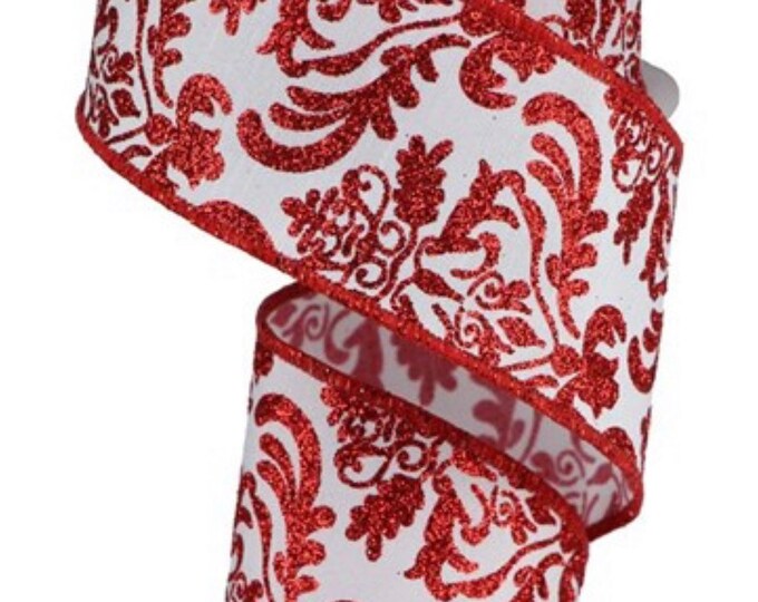 White Wired Ribbon With Red Damask Design 2.5” X 10 Yards, Ribbon for ...
