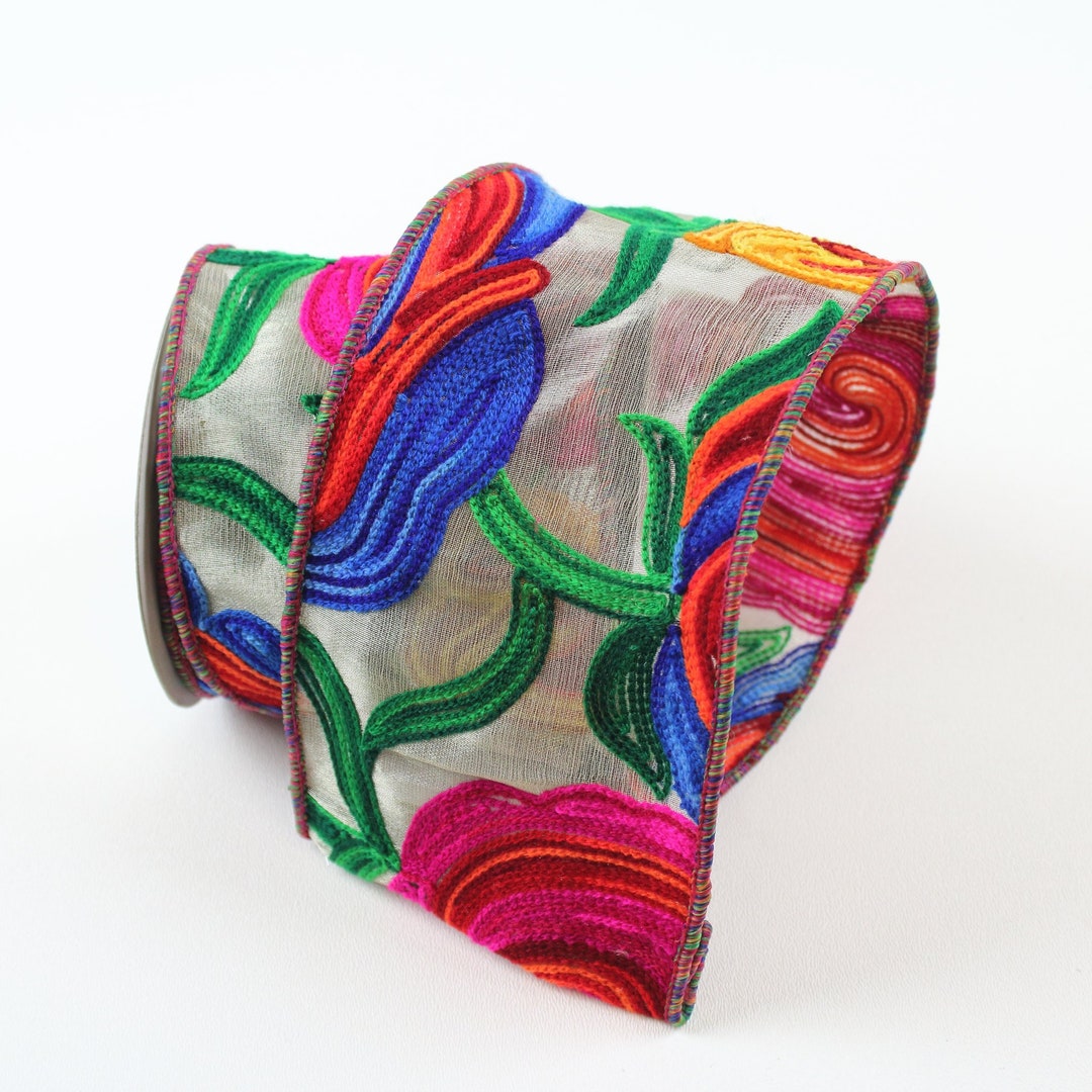 Multi Colored Floral Embroidery Wired Ribbon, Spring and Summer Floral ...