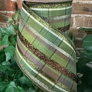 Olive Brown and Gold Glitter Stripe Wired Ribbon 4” X 10 Yards, Perfect ...