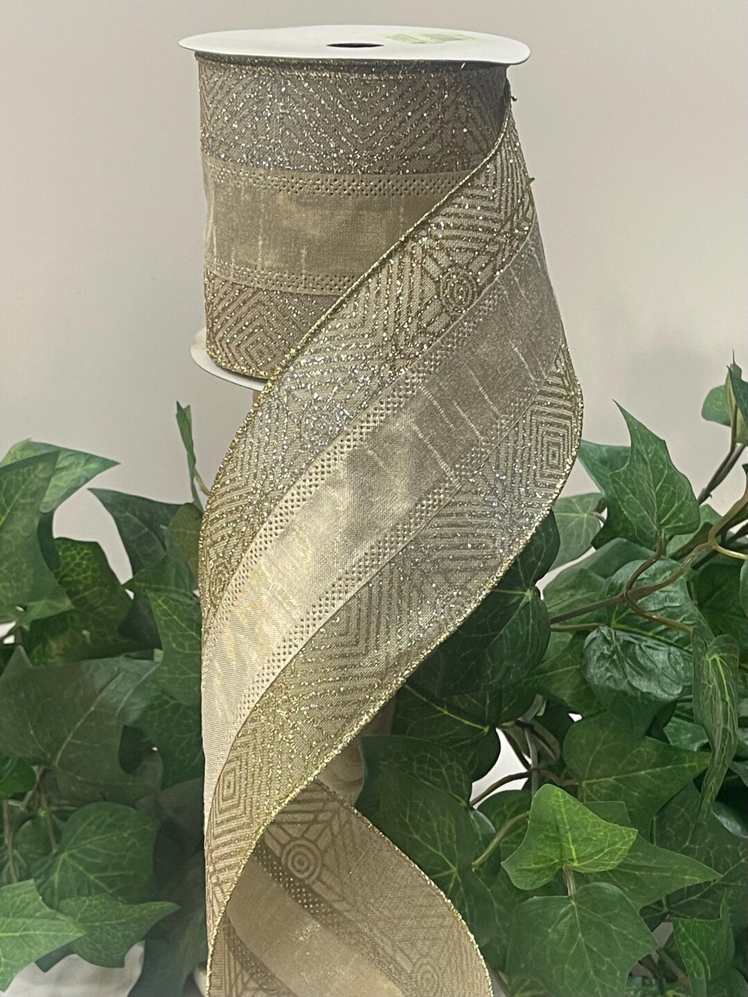 Champagne Lame Glitter Deco Edge Wired Ribbon, 4”X10 Yards Premium ...