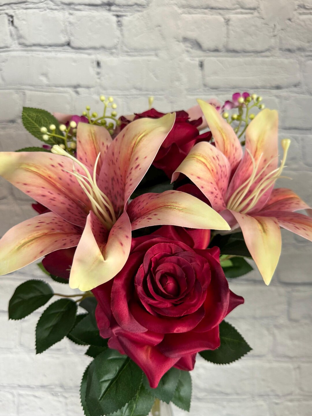 Tiger Lily Rose Bush, 12 Stems With Burgundy Roses, Pink Lilies ...