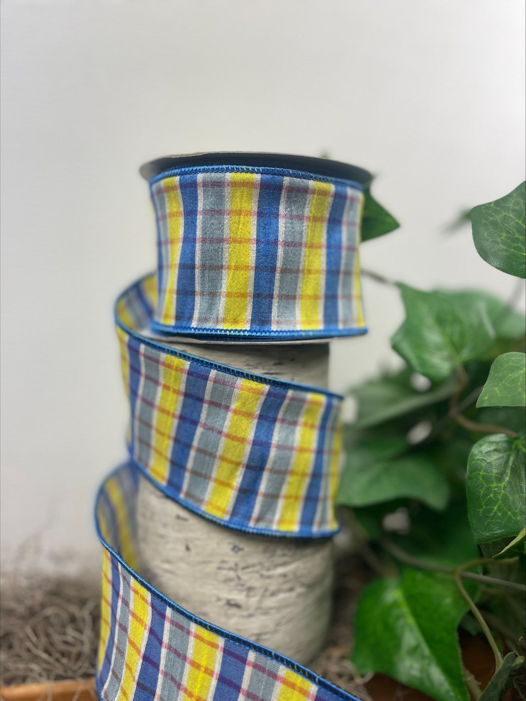Blue and Yellow Pastel Plaid Wired Ribbon, 2.5" X 10 Yards Farrisilk ...