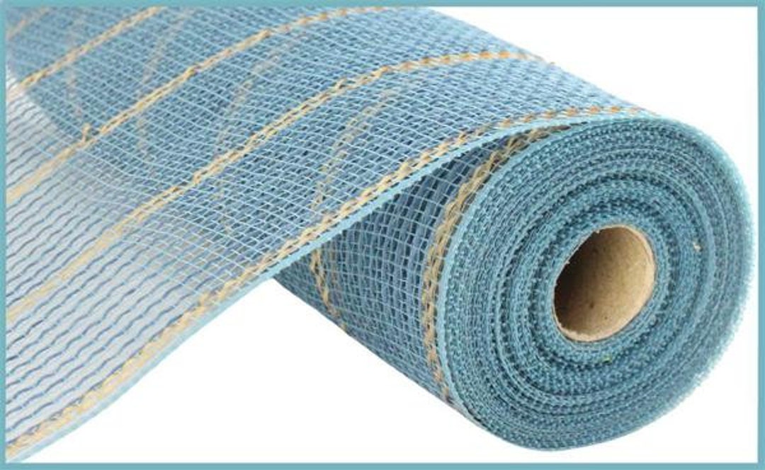 Smoke Blue Metallic Poly Jute Mesh W/ Matte Gold Stripes 10.25" X 10 ...