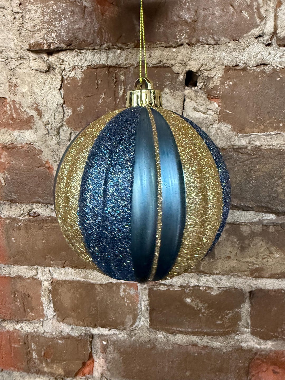Ornament, Ice Blue, Smoke Blue, Gold Vertical Stripe Ball W/ Glitter, 4 ...